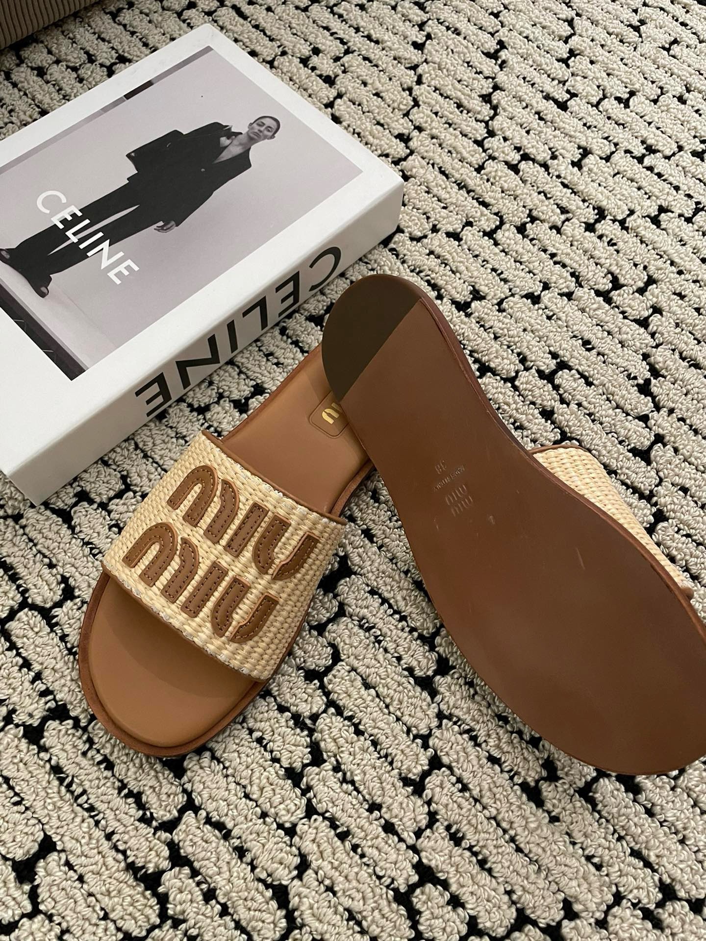 Replica Miu Miu Women's Slides in Beige Raffia-effect Woven Fabric